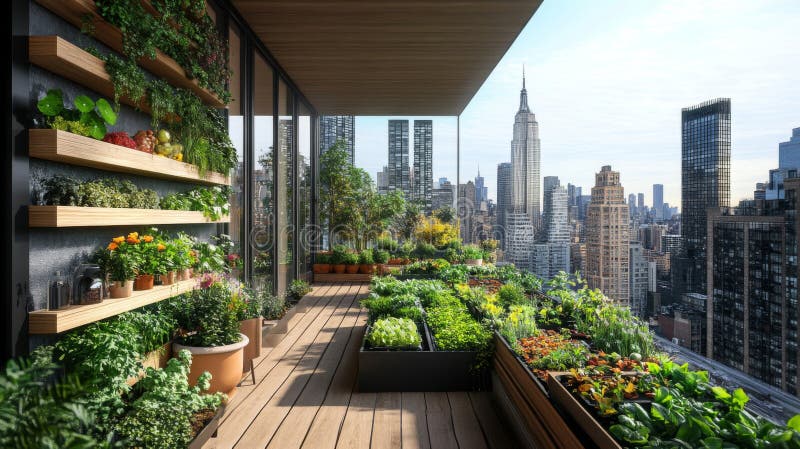 Urban Rooftop Garden with City Skyline View Stock Illustration ...