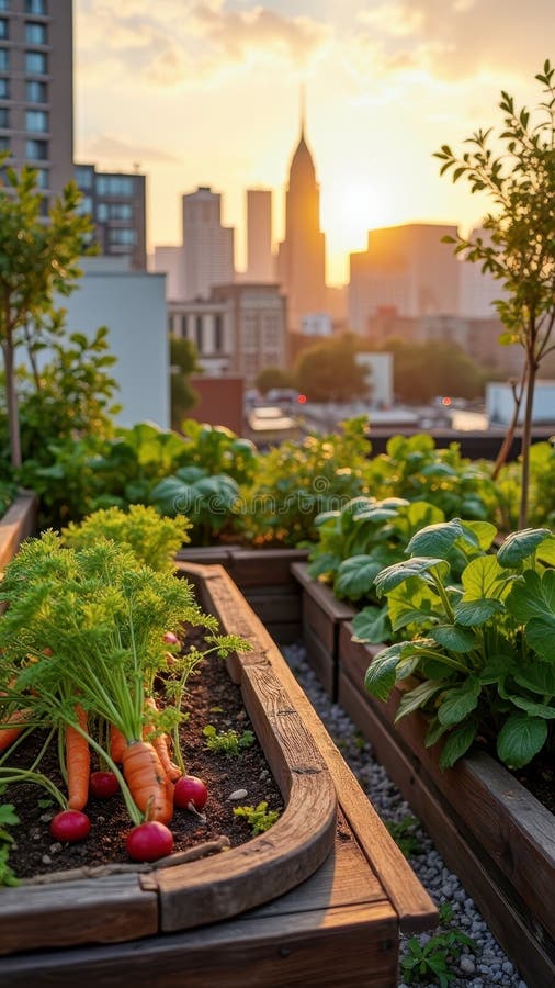 Urban Rooftop Garden with Lush Vegetables at Sunset Overlooking City ...
