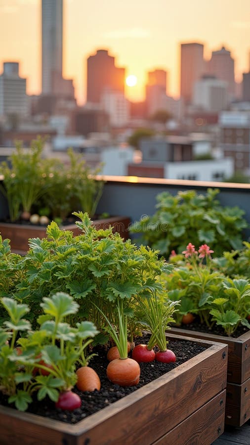 Urban Rooftop Garden Lush Vegetables Sunset Overlooking Cityscape Stock ...