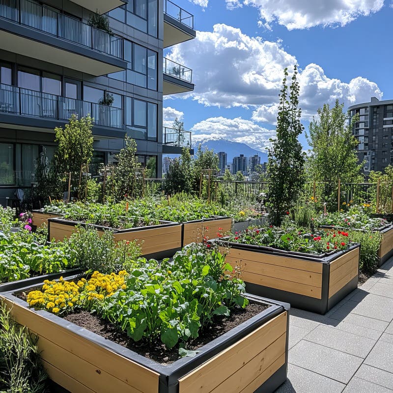Urban Rooftop Garden with Raised Beds Stock Illustration - Illustration ...