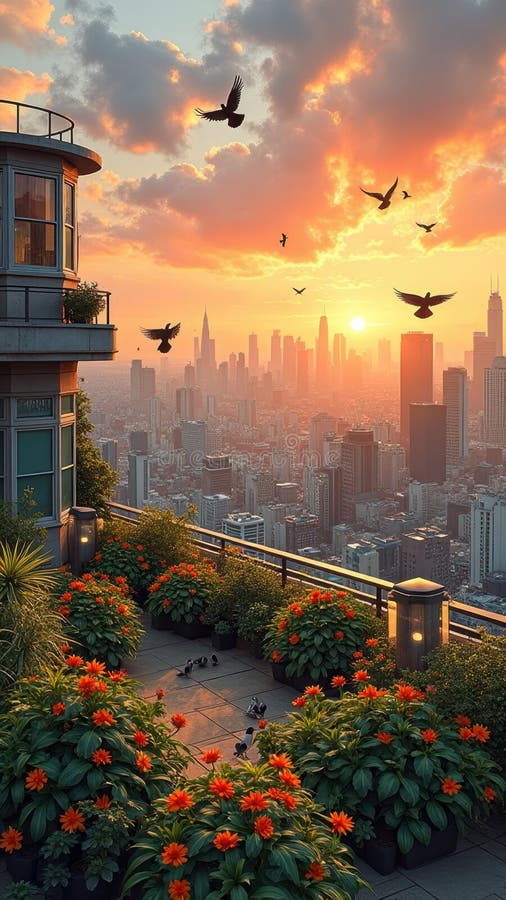 Urban Rooftop Garden at Sunset with City Skyline and Birds Stock Photo ...