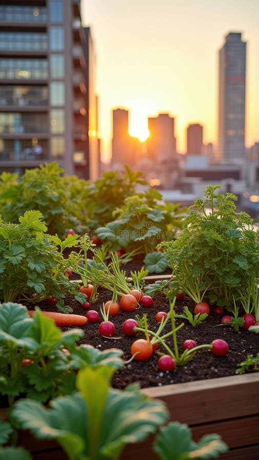 Urban Rooftop Garden at Sunset with Fresh Vegetables and City View ...