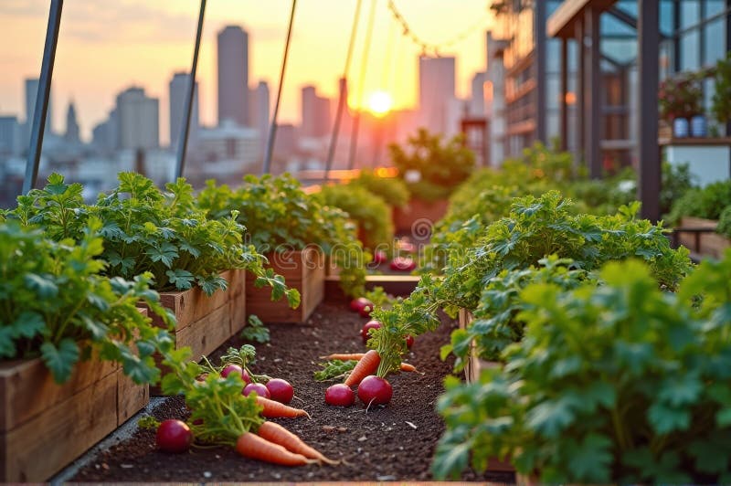 Urban Rooftop Garden at Sunset with Fresh Vegetables and Cityscape ...
