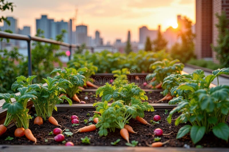 Urban Rooftop Garden Sunset Fresh Vegetables Raised Beds Stock Photos ...