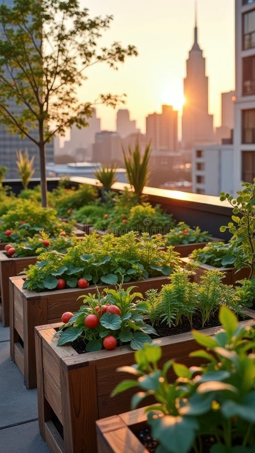 Urban Rooftop Garden Wooden Planters Vegetables Sunset Stock Photos ...