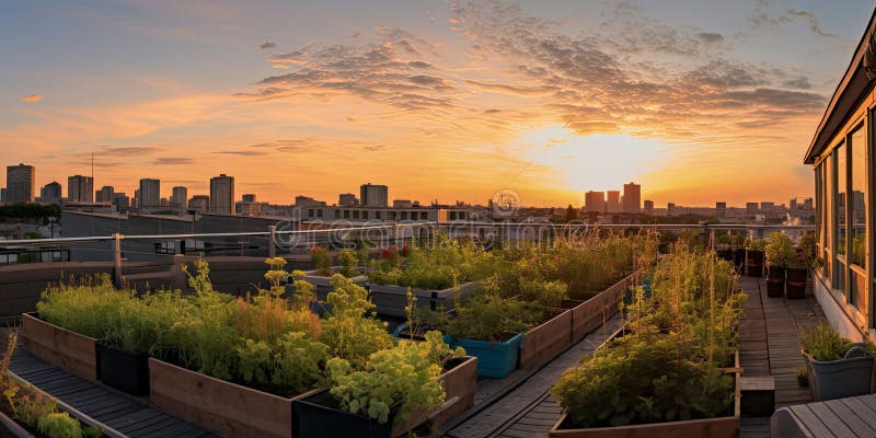 Urban Rooftop at Sunset Covered in Container Gardens. AI-generated ...