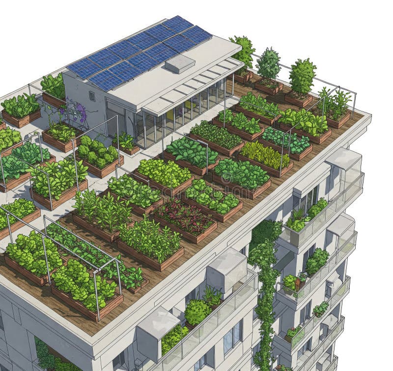 Urban Rooftop Vegetable Garden with Solar Panels. Stock Image - Image ...