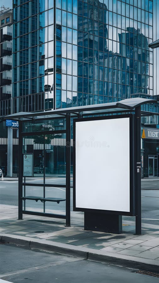 Urban Scene with Bus Stop, Blank Billboard, Modern Glass Building ...