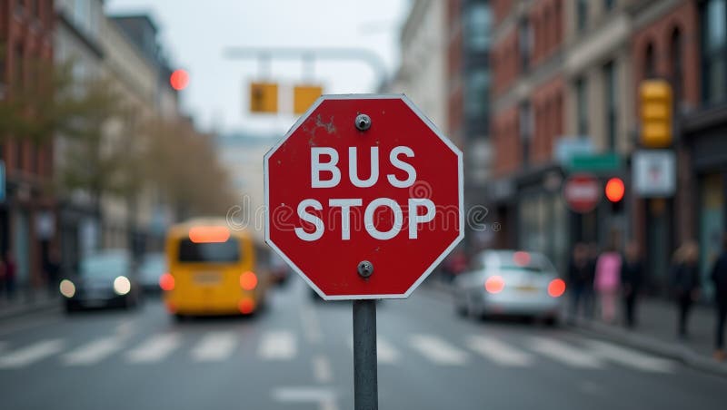 Urban Scene BUS STOP Sign with City Bustle Backdrop Stock Illustration ...