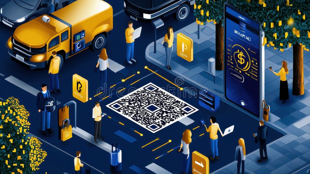 Urban Scene with People Interacting with QR Code and Digital Payments ...