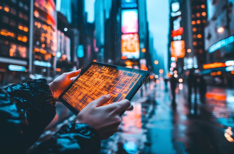 Urban Scene with Person Using Digital Tablet at Night Stock ...