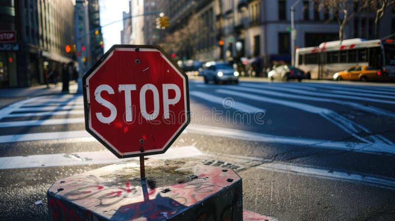 Urban Scene Stop Sign on Graffitied Base at Intersection Stock ...