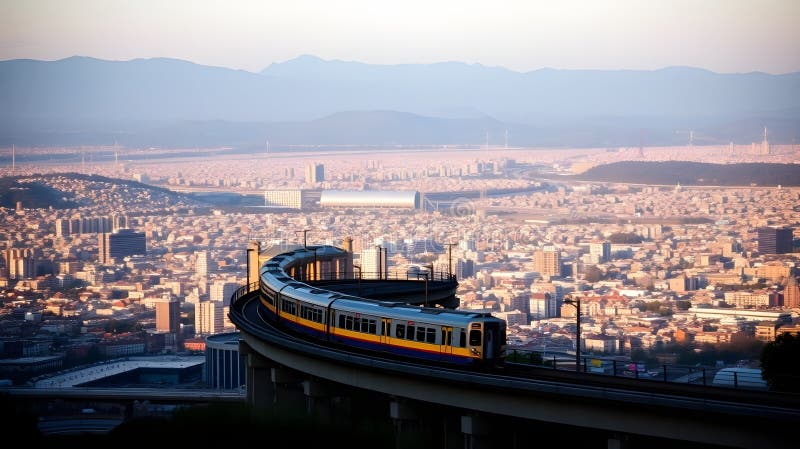 Urban Scene with a Train, Buildings, and Mountains Stock Illustration ...