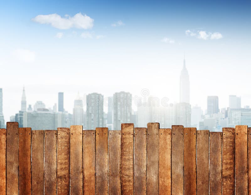 Urban Scene with Wooden Plank Fence Stock Photo - Image of business ...