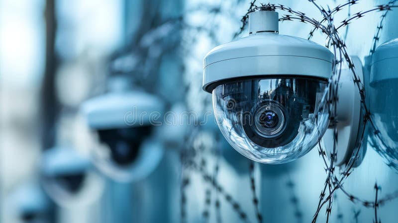 Urban Security Cameras Placed on a Barbed-wire-enclosed Wall Stock ...