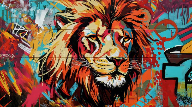 In an Urban Setting, a Lion Stands Out Against a Background of Colorful ...