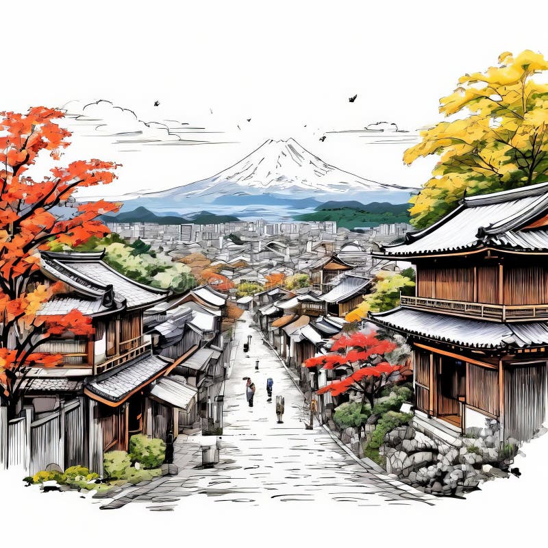 The Urban Sketch Japan Hand Drawn Illustration Editorial Photography ...