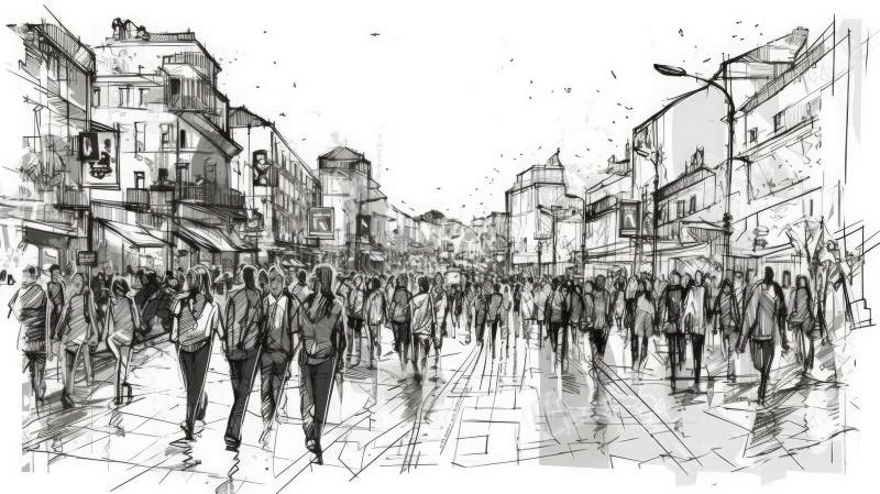 Urban Sketching of a Crowd Walking Panoramic View. Perfect for Posters ...