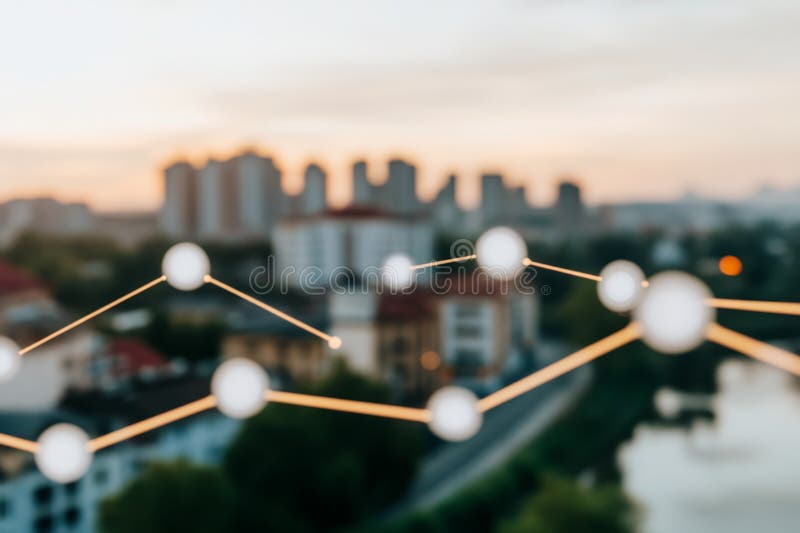 Urban Skyline with Abstract Data Visualization at Sunset Highlighting ...