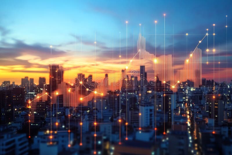 Urban Skyline at Dusk with Data Visualization Overlay Stock ...