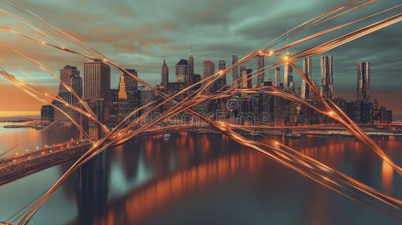 Urban Skyline Entwined by Sweeping Light Patterns Stock Illustration ...