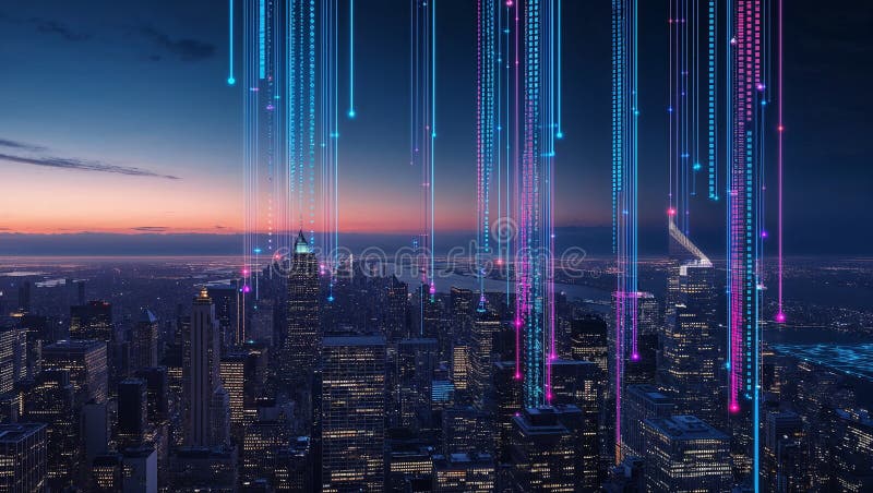 Urban Skyline Featuring Immersive Digital Light Networks Display Stock ...