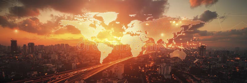 Urban Skyline with Glowing World Map in Background Stock Illustration ...