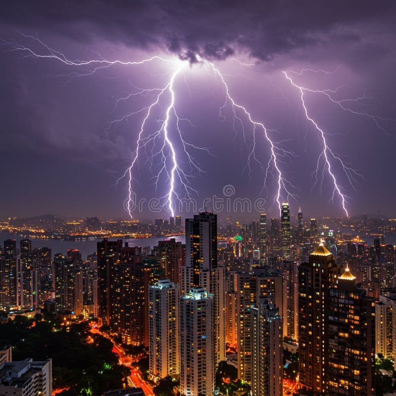 Urban Skyline Illuminated by Multiple Lightning Strikes during a ...