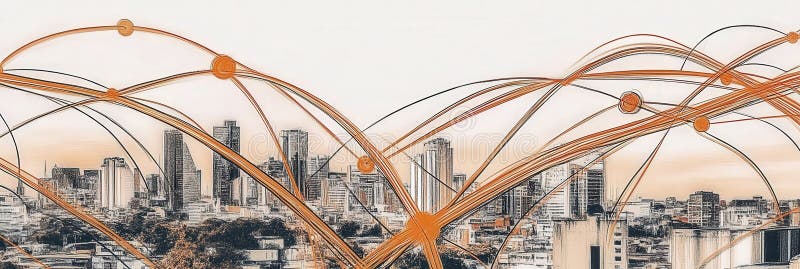 Urban Skyline with Intersecting Orange Network Lines Stock Illustration ...