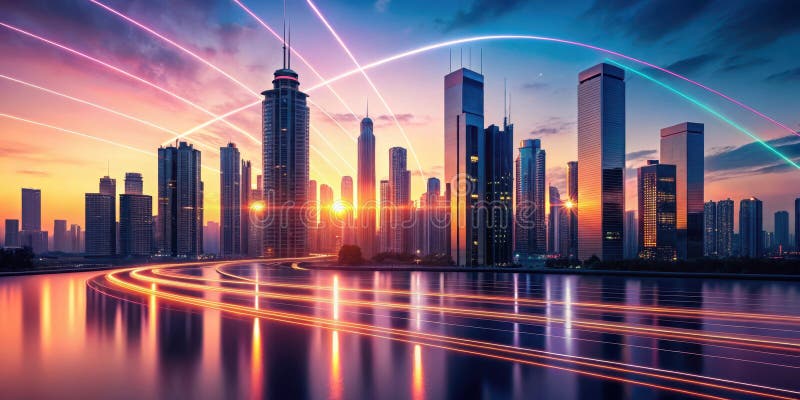 Urban Skyline at Sunset with Dynamic Light Trails Representing Progress ...