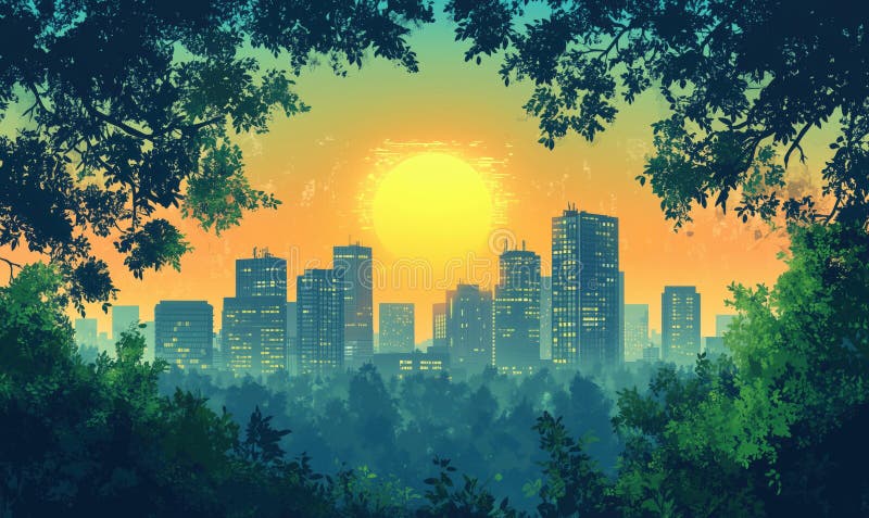Urban Skyline at Sunset Framed by Lush Greenery and Trees Stock Photo ...