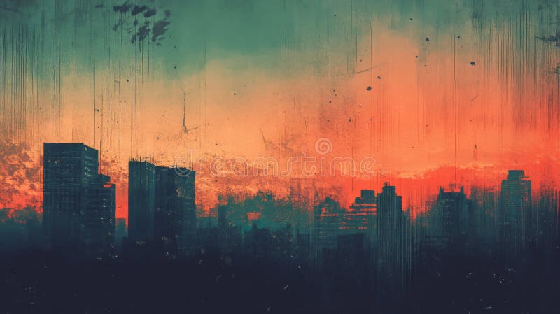 Urban Skyline at Sunset Grunge Style Art Stock Illustration ...