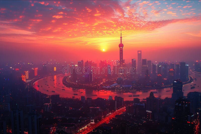Urban Skyline at Sunset with Skyscrapers Glowing Under the Dusky Sky ...