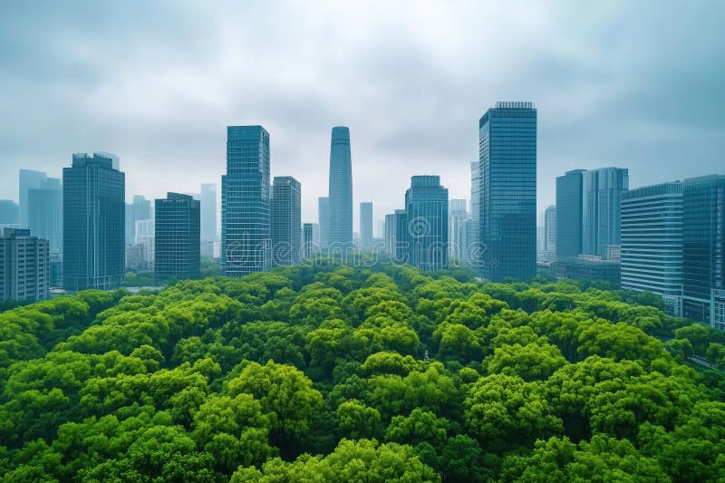 Urban Skyline Surrounded by Lush Green Forest, Modern Architecture ...