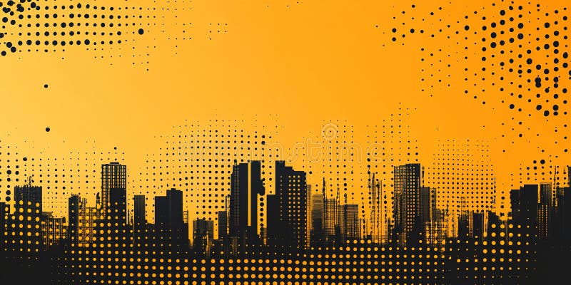 Urban Skyline Under a Vibrant Orange Sunset with Dot Patterns Creating ...