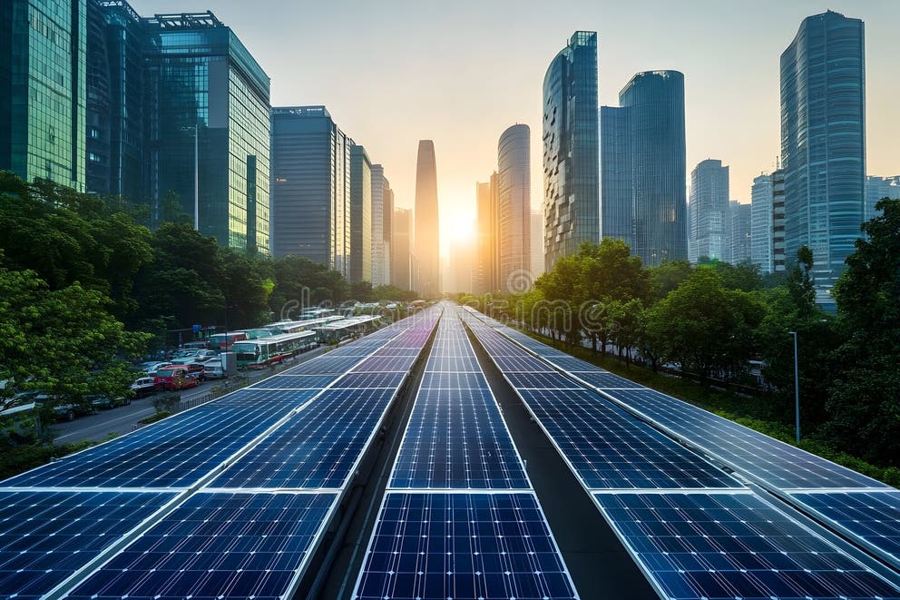 Urban Solar Panel Array on City Rooftops at Sunrise with Skyscrapers ...