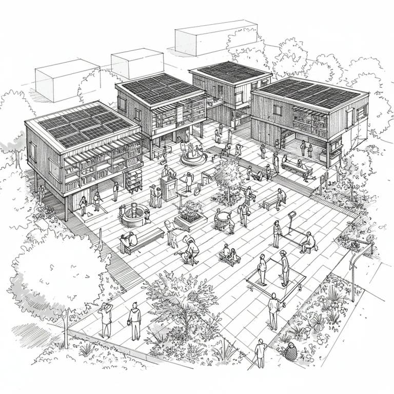 Urban Space Sketch Featuring Modular, Rectangular Buildings with Solar ...