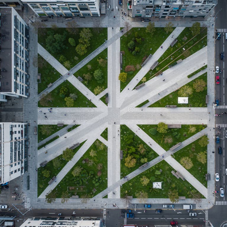 Urban Square with Intersecting Concrete Pathways Forming a Symmetrical ...