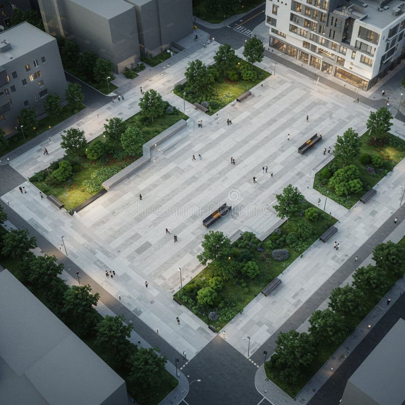 Urban Square with a Modern Design, Featuring Spacious Gray Paved Areas ...