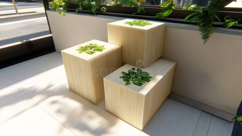Urban Storefront Display, Plants, Bamboo Cubes, Sunlight, Greenery ...