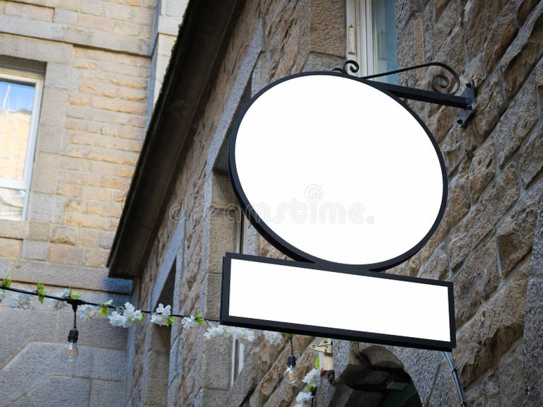Urban Storefront Sign Mockup with Blank Round and Rectangular Panel on ...