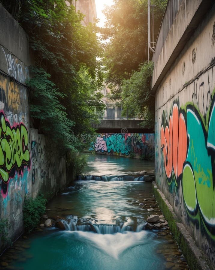 Urban Stream Surrounded by Nature and Graffiti. Stock Photo - Image of ...