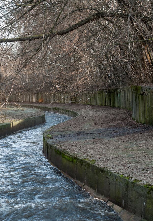 Urban Stream in Winter. the Lybid River Stock Photo - Image of riverbed ...