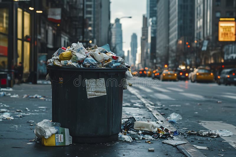 Urban Street Litter Problem Public Trash Can Packed with Garbage Stock ...