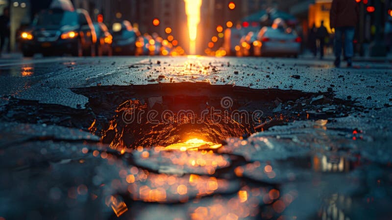 Urban Street Pothole at Sunset, Generative AI Stock Photo - Image of ...