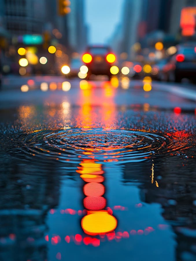 Urban Street with Puddle Reflection of City Lights and Traffic. Stock ...