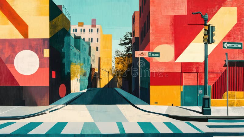 Urban Street Scene Artwork with Geometric Design and Street Sign ...