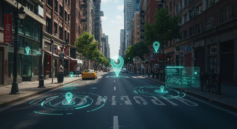 An Urban Street Scene with Digital Interface Elements Overlaying the ...