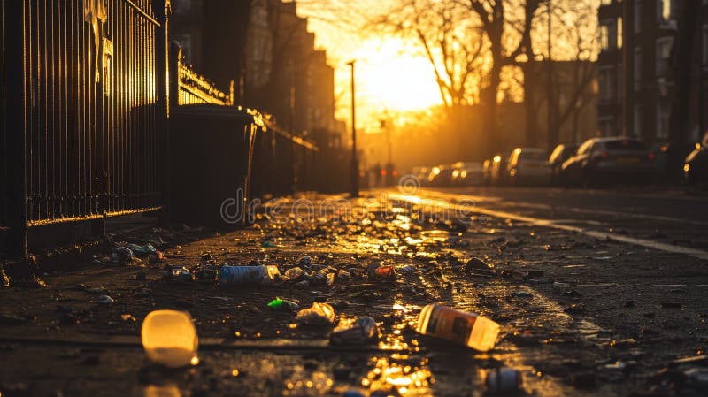 Urban Street Scene with Litter during Sunset in a City Setting Stock ...