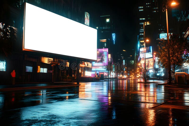 Urban Street Scene at Night with Bright Neon Lights Stock Illustration ...